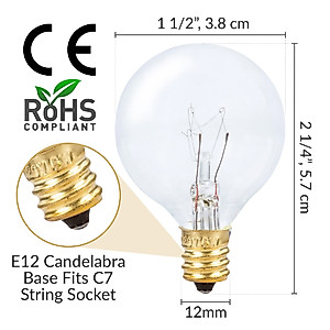 Simba Lighting String Light Outdoor Globe G40 Replacement Bulb 5W E12 Candelabra Base C7 Socket for Patio, Café, Pergola, Porch, Clear Glass, 5 Watt 110V 120V, 2700K Warm White, Dimmable, 25 Pack