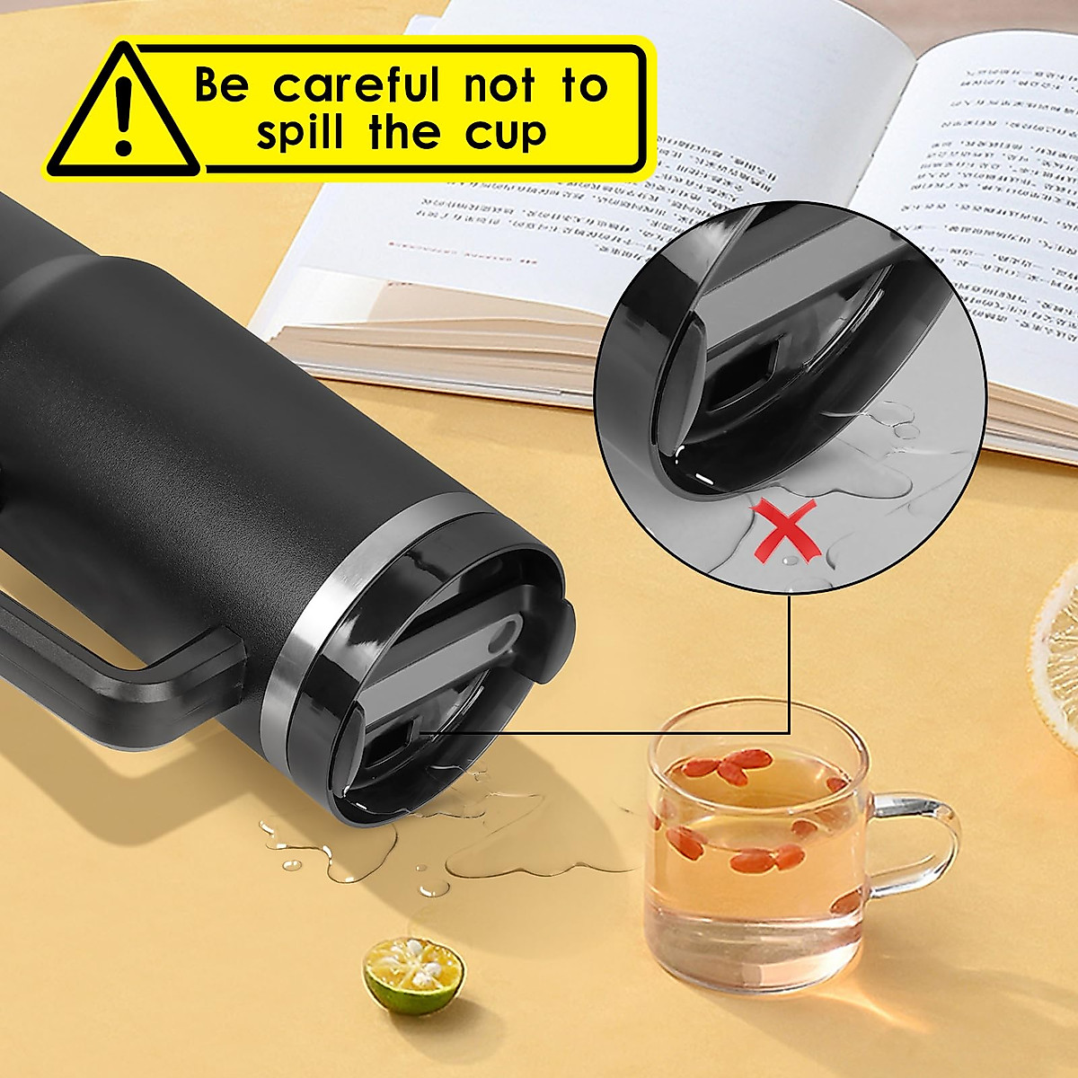 BKBY 2Pcs 40 OZ Tumbler Lid Compatible with Stanley Cup, Durablee Replacement Lids for Stanle Adventure Quencher Travel Tumbler 40 OZ, Spill-Proof Tumbler Cover (Black + Black Transparent)