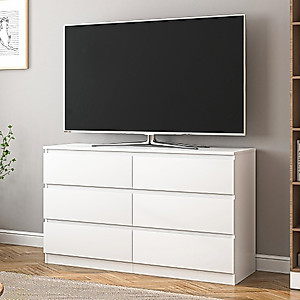 Vibe & Dine White Dresser 6 Drawer, Modern Double Dresser for Bedroom, Wood Chest of Drawers with Wide Storage for Living Room