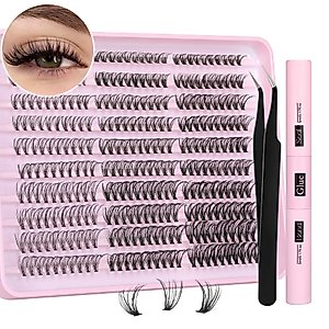 Eyelash Extensions Kit 300 Pcs Lash Clusters Individual Lashes with Strong Hold Lash Bond and Seal and Cluster Eyelashes Applicator Tool (20D/30D/40D)