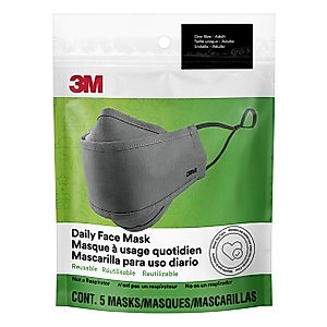 3M Daily Face Mask, Reusable, Washable, Adjustable Ear Loops, Lightweight Cotton Fabric, 5 Pack, Gray