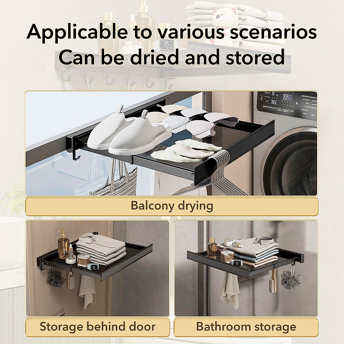 CHAHUANV Retractable Drying Rack with Net,Laundry Drying Rack for Shoes,Socks,Underwear,Wall Mouted Drying Rack with Hooks,Folding,Collapsible Hanger Rack, Gray