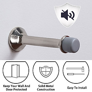 Cosnys 4 Pack 3" Heavy Duty Solid Rigid Door Stop with Soft Rubber Tip, Zinc Die Cast Metal Door Stopper Protect Wall & Door, Brushed Satin Nickel