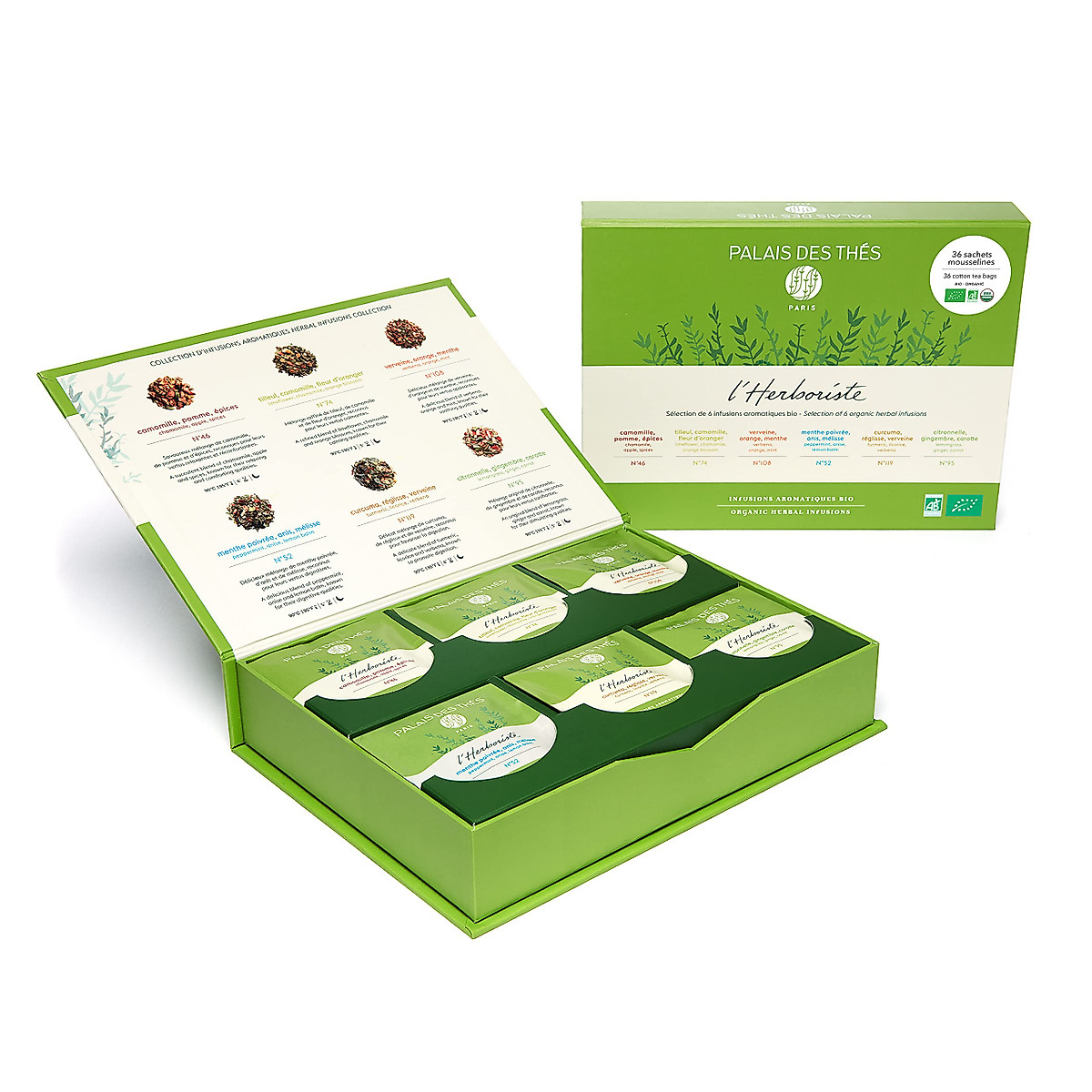 Palais des Thés - Organic L'Herboriste Set - Selection of 36 Count Premium Herbal Tea Biodegradable Bags Box