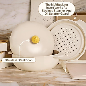 Cravings by Chrissy Teigen The Perfect Pan Dutch Oven with Lid 5.3 Quart, Matte Enamel Finish, Stainless Steel Knob, Steamer Basket Included, Oven Safe up to 450°F