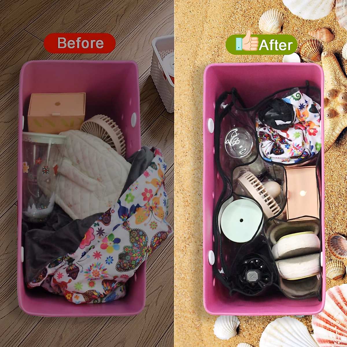 Everfunny Clear Waterproof Organizer Bag with 2 Hooks for Bogg Bag, Insert Pouch for Organizing Divide Space