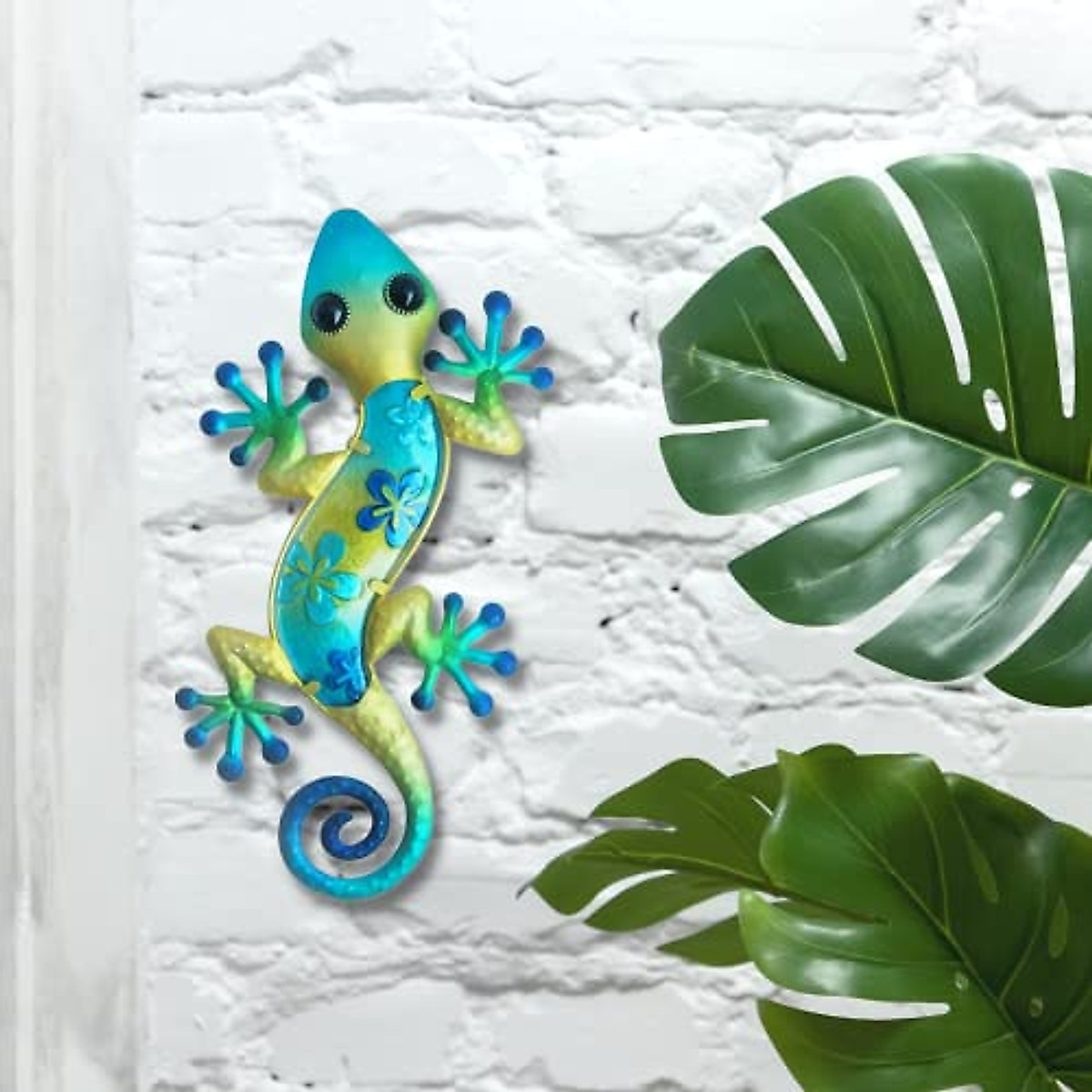 Comfy Hour Spring Is Here Collection 14" Green Blue Metal Art Gecko Wall Décor, Lizard Home Decoration