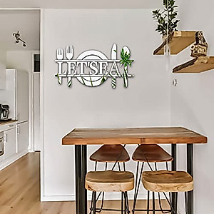 Doeean Let's Eat Sign Acrylic 3D Mirror Wall Decor Wall Decals Decorations Stickers for Kitchen or Dining Room (Silver 26.3 X 13.2)