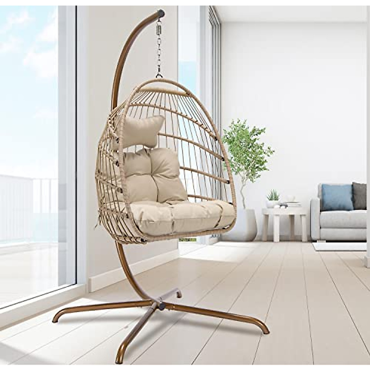 RADIATA Foldable Wicker Rattan Hanging Egg Chair with Stand, Swing Chair with Cushion and Pillow, Lounging Chair for Indoor Outdoor Bedroom Patio Garden (Beige with Stand)