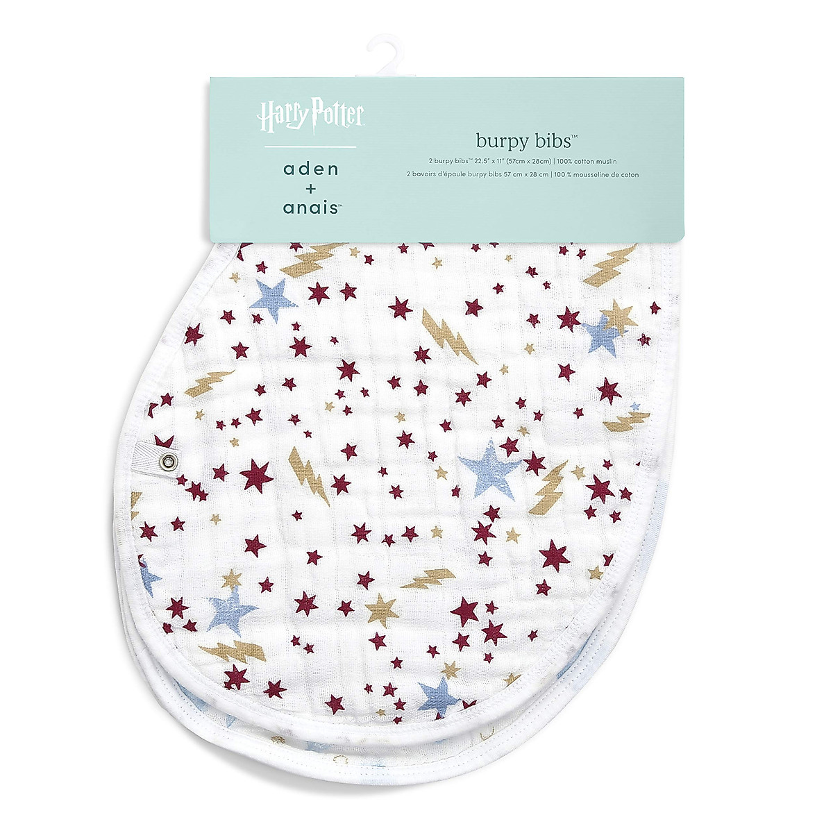 aden + anais 100% Cotton Muslin Burpy Bib – Multi-Use, Absorbent 4-Layer Burp Cloth and Full-Coverage Snap-Closure Baby Bib in One, Lap-Shoulder Drool Cloth, 22.5” X 11”, 2-Pack, Harry Potter