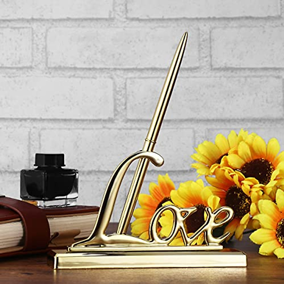 NUOBESTY Signing Pen with Plated Metal Love Holder for Wedding Engagement Party Guestbook Table Decor Golden
