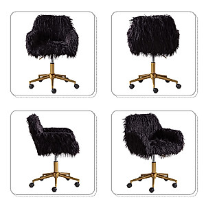 KCC Fluffy Office Desk Chair, Faux Fur Modern Swivel Armchair with Wheels, Soft Comfy Fuzzy Elegant Accent Makeup Vanity Chairs for Women Girls, Home Living Dressing Room Bedroom, Black