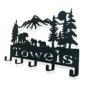 Towels Hooks, Towels Racks, Towels Holder, Metal Bears Sign Multipurpose Hanger with 5 Hooks Waterproof (Black)
