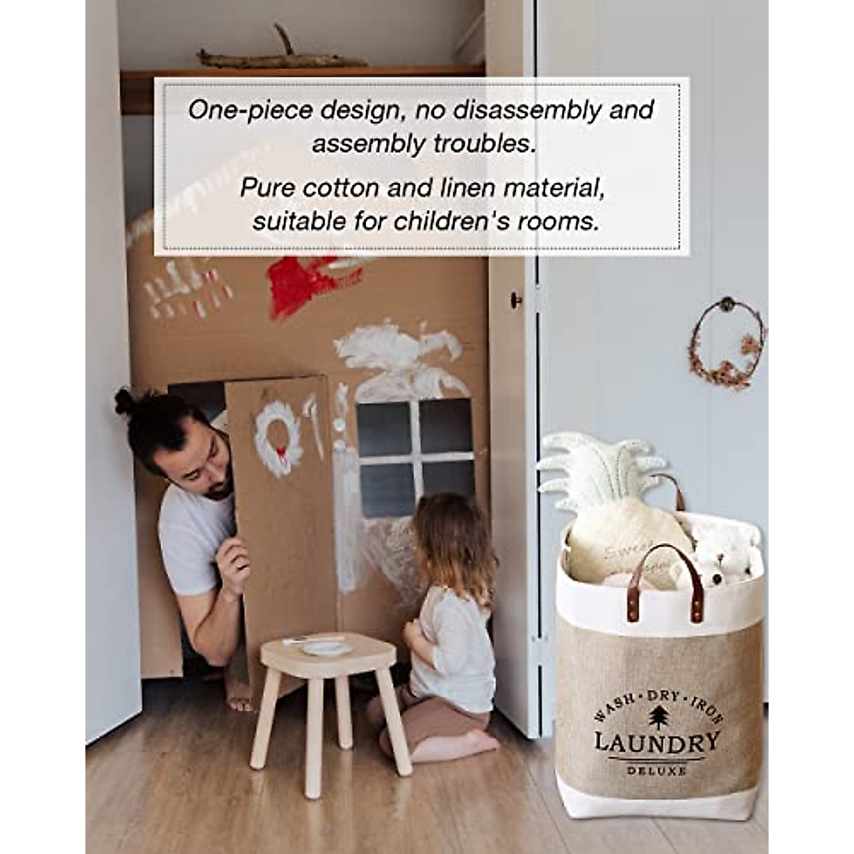 AMZTOP Linen Clothes Hamper Patchwork Collapsible Laundry Basket with Leather Handles for Storage Toys and Clothing in Bedroom, Bathroom Foldable Laundry Hamper 68L