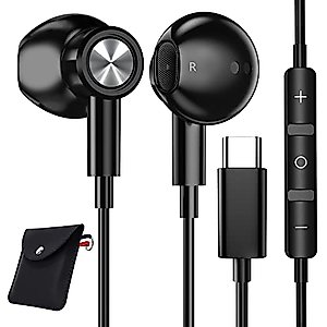 USB C Headphones for iPhone 15, YUANBAI USB C Earbuds with Microphone Noise Isolation Stereo Wired Semi in-Ear Earphones for Samsung Z Fold3 5G S21 S22 Ultra S20 FE OnePlus 9 Google Pixel 6 iPad Pro