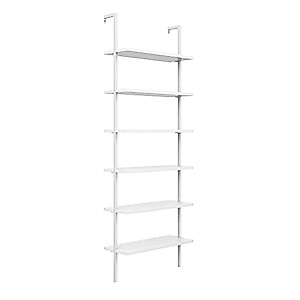 Nathan James Theo 6-Shelf Tall Modern Bookshelf, Wall Mount Ladder Shelf Bookcase with Wood and Industrial Metal Frame, Matte White