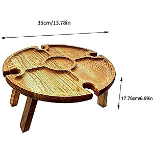 Wooden Outdoor Folding Picnic Table,Portable Creative 2 in 1 Wine Glass Rack Compartmental Dish for Cheese and Fruit,Collapsible Table for Lawn,Beach,Outdoors,Garden,Travel Brown-13.8"