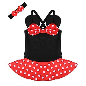Kid Toddler Baby Girls Bathing Suit Bow Dot One Piece Swimsuit Swimwear, Red Black, Large