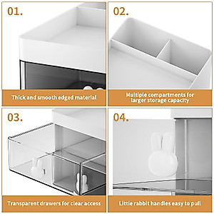 Marbrasse Small Desk Organizer with Drawer, Multi-Functional Pen Pencil Holder Storage Box for Desk, Desk Organizers and Accessories with 3 Compartments + 2 Drawer for Office Art Supplies(White)