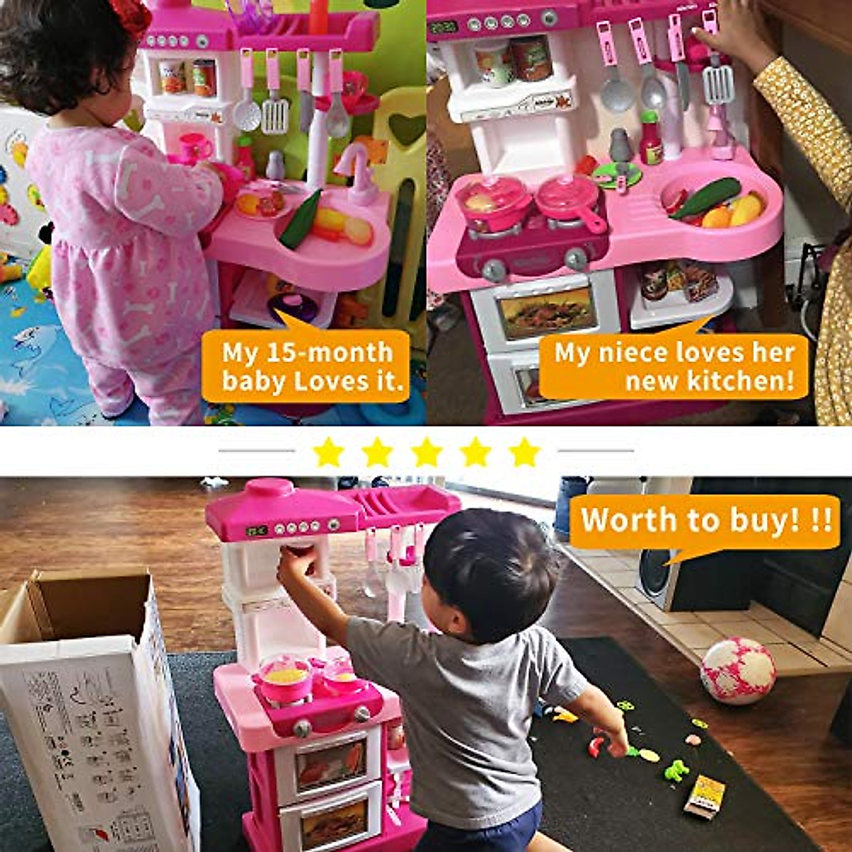 Temi Play Kitchen Playset Pretend Food - 53 PCS Pink Kitchen Toys for Toddlers, Toy Accessories Toddler Set w/Real Sounds and Light, Toddler Outdoor Playset for Kids, Girls & Boys