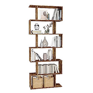 HOMEFORT Wooden Geometric Bookshelf,6-Tier S-Shaped Bookcase,6 Shelf Morden Bookshelves,Unique Freestanding Tall Book Shelf and Book Case for Bedroom and Living Room Home Office,Rustic Brown