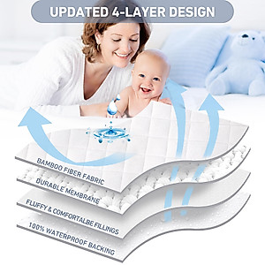 Waterproof Crib Mattress Protector, Baby Mattress Cover, Soft and Breathable Quilted Toddler Mattress Pad 52"×28", White, 2 Pack