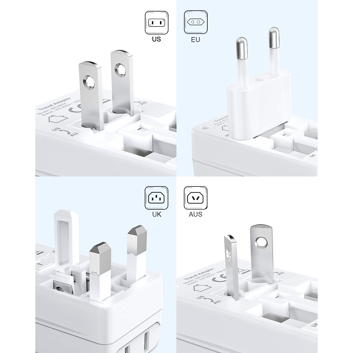 BESTEK Worldwide Travel Plug Adapter, Dual 100-250V Input Plug Adapter Universal All-in-One Travel Adapter Travel Power Adapter for UK, Europe, AU, JP, US, Type A/I/G/C - 2 Pack