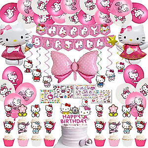 Kitty Birthday Party Supplies, Cute Kitten Party Favor Pink Party Decorations includes Happy Birthday Banner, Balloons, Cake Topper, Kitten Foils Balloons, Tattoos Stickers, Hanging Swirl