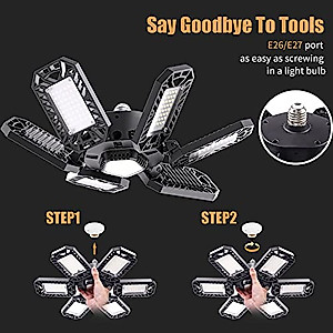 Rufbjkd LED Garage Light, 200W LED Shop Light, Super Bright Deformable LED Garage Ceiling Light with 6 Adjustable Panels, Ideal for Workshop/Attic/Barn/Basement (2 Pack)