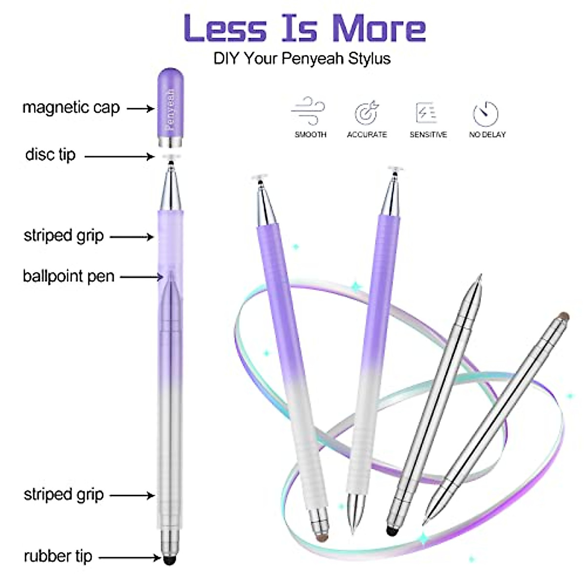 Stylus Pen for Touch Screens, Penyeah 3 in 1 Magnetic Disc/Rubber/Hard Mesh Tip Stylus,Universal High Precison Touch Screen Pen Stylist for All Capacitive Touch Screens-Dream Purple