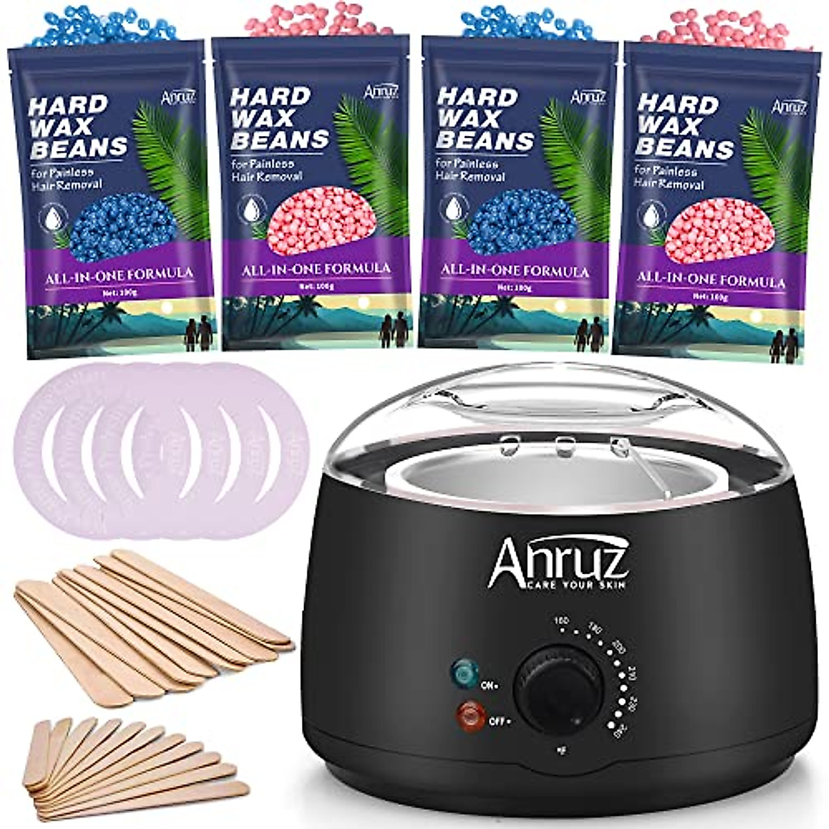 Anruz Waxing Kit, Wax Warmer Hair Removal for Women Men Sensitive Skin, At Home Wax Kit with Wax Beads(14.1 oz total) for Coarse & Fine Hair, Eyebrow, Facial, Armpit, Bikini, Leg, Brazilian