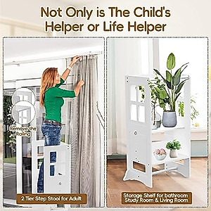 4 in 1 Toddler Kitchen Step Stool, Kitchen Toddler Tower Helper with Whiteboard and Safety Rail, Anti-Slip Protection, Adjustable-Height Kids Learning Standing Tower for Kitchen Counter Bathroom Sink