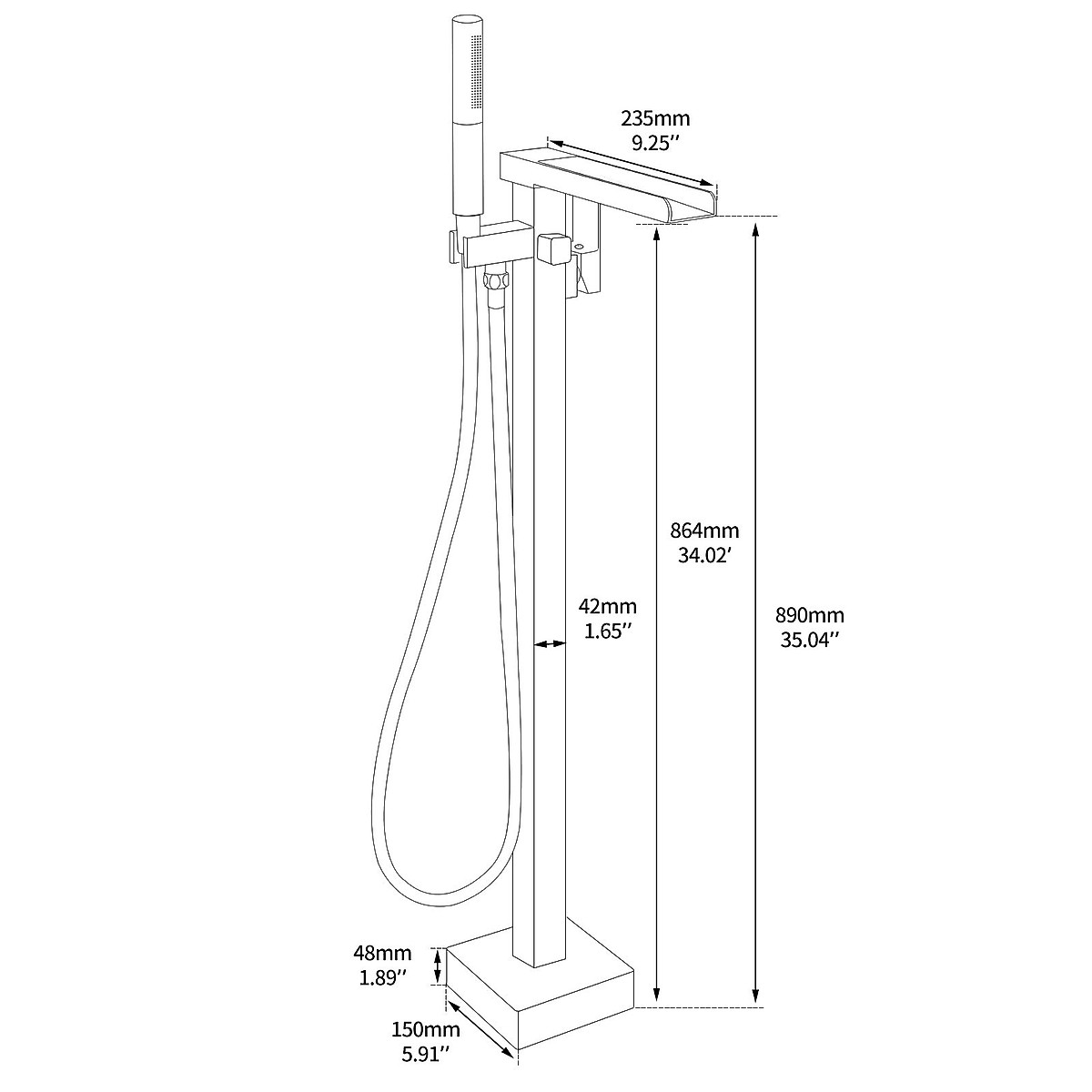 BESy Freestanding Bathtub Faucet Waterfall Tub Filler Matte Black Floor Mount Brass Single Handle Bathroom Tub Faucets with 2 Function Hand Shower Wand