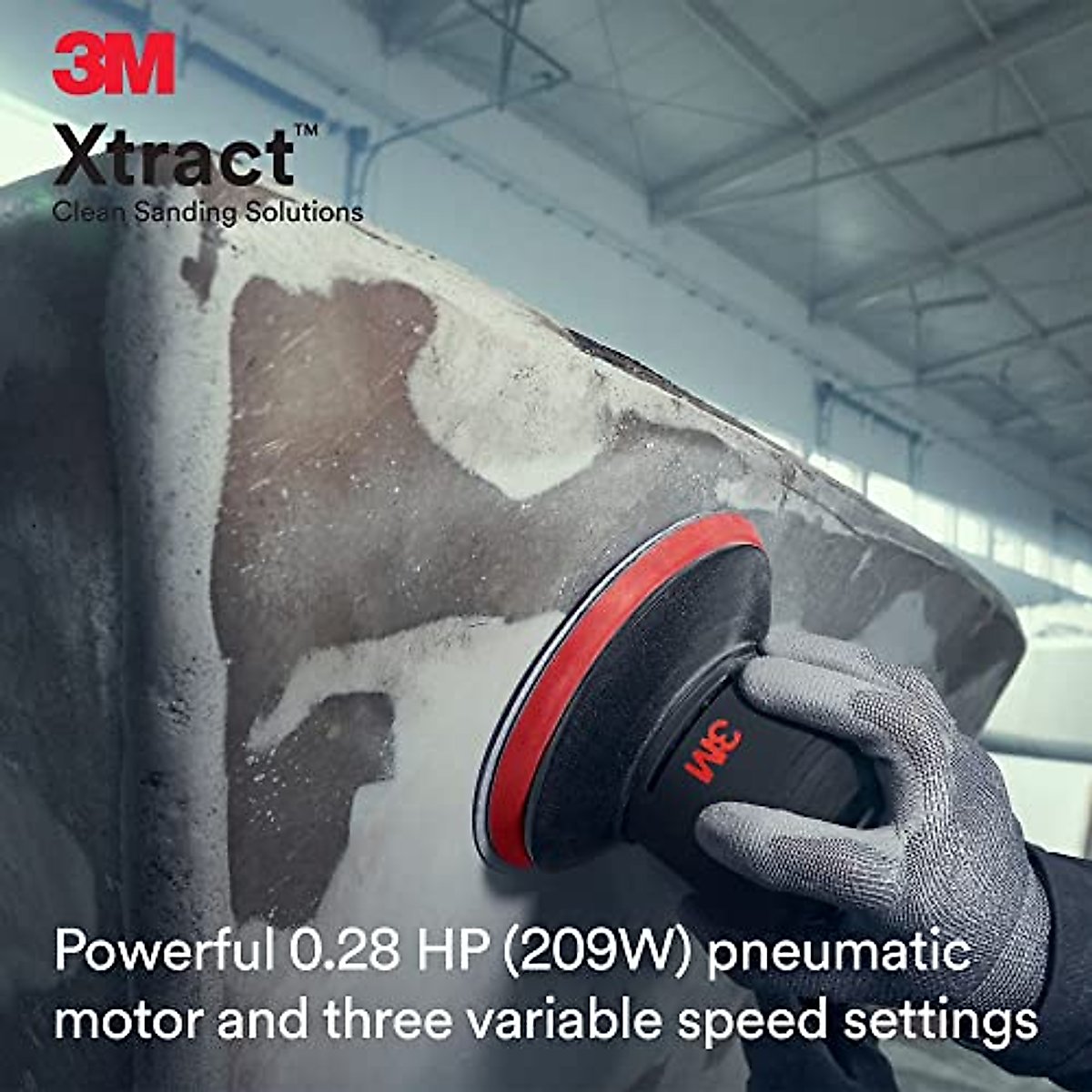 3M Pneumatic Random Orbital Sander - Xtract ROS, 88950, 6 in, Non-Vacuum, 3/16 in Orbit, Lightweight and Comfortable, 12000 RPM, 209W Motor, 3 Speed Settings with Thumb Control