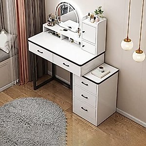 KWOKING Makeup Vanity Desk Table with 5 Drawers & LED Dimmable Mirror Dressing Table Bedroom Makeup Table Storage Cabinet Integrated Dresser White 16" D x 31.5" W x 47" H