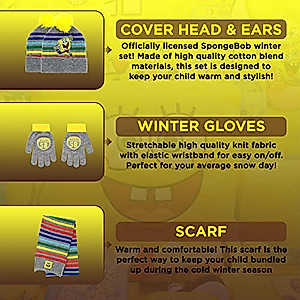Spongebob Squarepants Winter Hat, Scarf, and Snow Gloves for Kids, 3 Pc. Set, Warm and Cute Pom-Pom Beanie Boys Girl Toddler