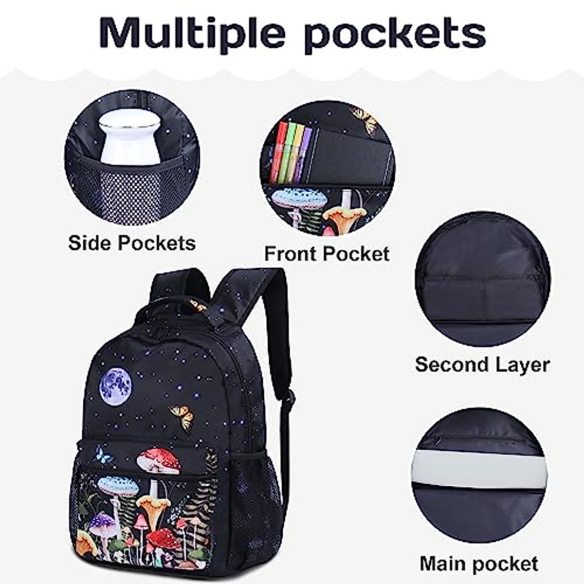 Lopevctor Mushroom Backpack Set for Girls Women, Mushroom Backpack with Lunch Bag and Keychain, Mushroom Gifts Daypack Bookbag for School