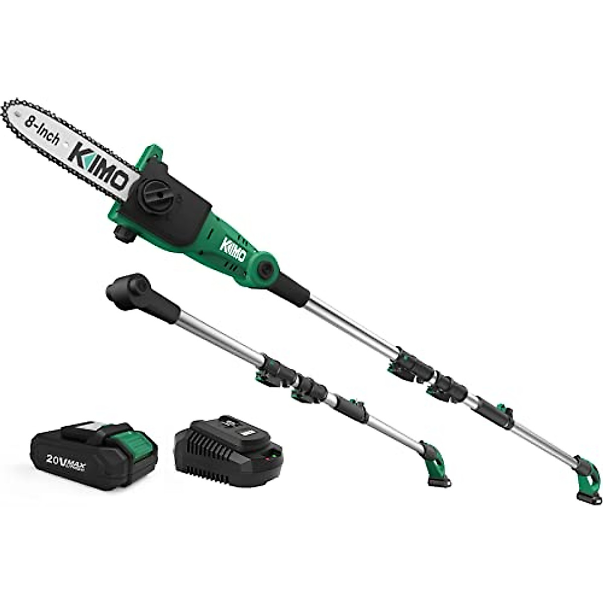 Pole Saws for Tree Trimming, KIMO 13-Foot Max. Reach Telescoping Cordless Electric Pole Saw, 20V Battery Powered Pole Chainsaw w/ 8-Inch Cutting Bar, 18ft/s Speed, Automatic Chain Lubrication System