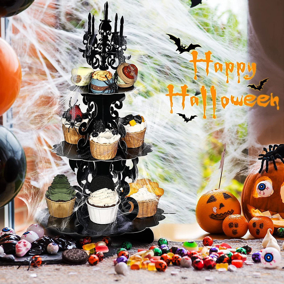 Halloween Cupcake Stand 3-Tier Halloween Gothic Cardboard Cupcake Holder Haunted Skull Candelabra Cupcake Tower Decor with 20g Spider Web Stretchable Cobweb for Halloween Party Supplies Decoration