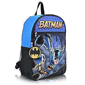 DC Comics BATMAN Boys Backpack for Little Kids | 6 Piece Set Kids Water Bottle Keychains Snack Tote and Knapsack for School (Batman 6Pc)