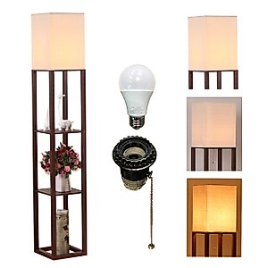 HomeFocus - Floor Lamp,Shelf Floor Lamp with LED Bulb,Corner Display Floor Lamp for Living Room,Bedroom and Office,Linen White Shade,Wood,Brown.