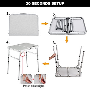 REDCAMP Small Camping Table 2 Foot, Portable Aluminum Folding Table Adjustable Height Lightweight for Picnic Beach Outdoor Indoor, White 24 x 16 inch (3 Heights)