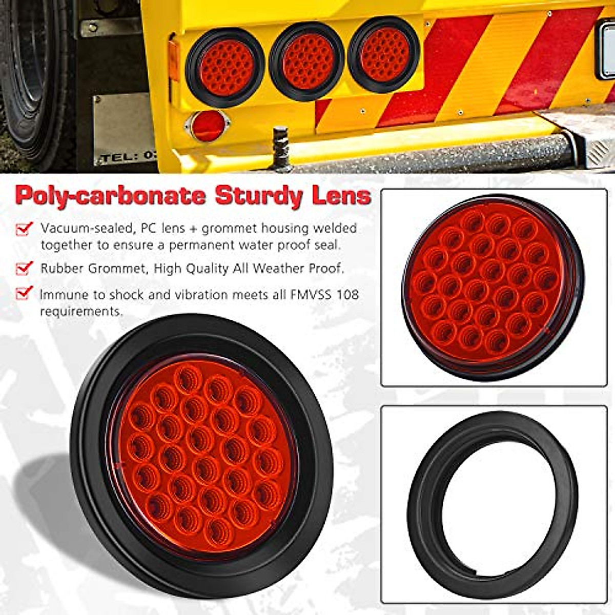 LINKITOM 4 Inchs Round Trailer Lights, Super Bright Red 24 LED Brake Turn Signal Tail Lights with Waterproof Rubber Gaskets for Boat Trailer Truck RV [DOT Certified] [IP67], 2 Pack