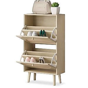 Wekity 2 Drawers Shoe Cabinet Rattan Shoe Rack Shoe Storage Cupboard Organizer Unit (Log Color)