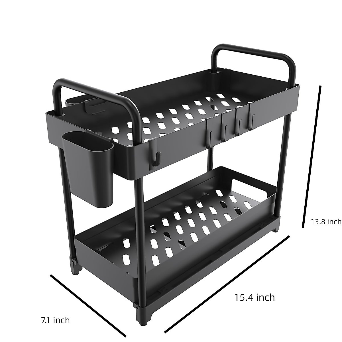 Botion 2 Pack Double-Layer Under Sink Organizer for Efficiently Utilizing Space, High Capacity and Space Saving, 2 Tier Sliding Under Sink Shelf with 4 Hooks and a Cup Slot(Black)
