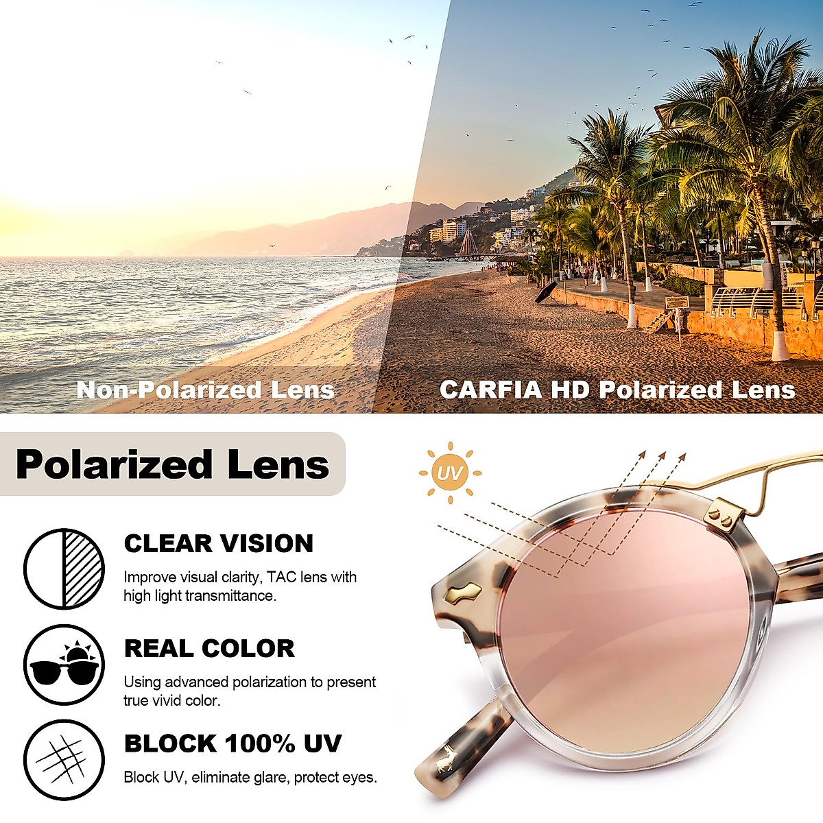 CARFIA Small Pink Mirrored Polarized Sunglasses for Women UV Protection, Acetate Eyewear Double Bridge Metal Brow Sunnies
