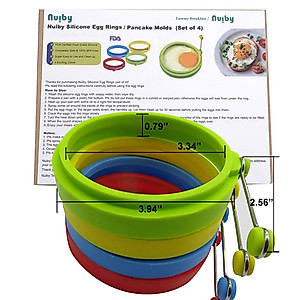 Silicone Egg Rings Round - NUIBY Non Stick Fried Egg Mold - Pancakes Maker Molds - Breakfast Egg Sandwich Cooker Maker - 4 Pack 4 Color, with Bonus 1 Spray Brush or 2 Egg Poachers or Both