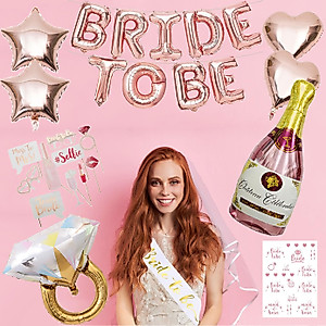Bachelorette Party Decorations Rose Gold Bridal Shower Party Favors Kit Bride To Be Sash and Foil Balloons, Curtain, Veil, Photo Props, Temporary Tattoos, Latex Balloons