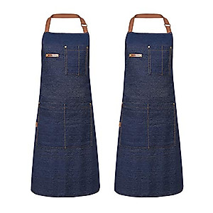 KPD 2 Pack Blue Unisex Adjustable Bib Denim Apron for Family Chef, Kitchen, BBQ and Studio,Cooking Apron for Kitchen and Home