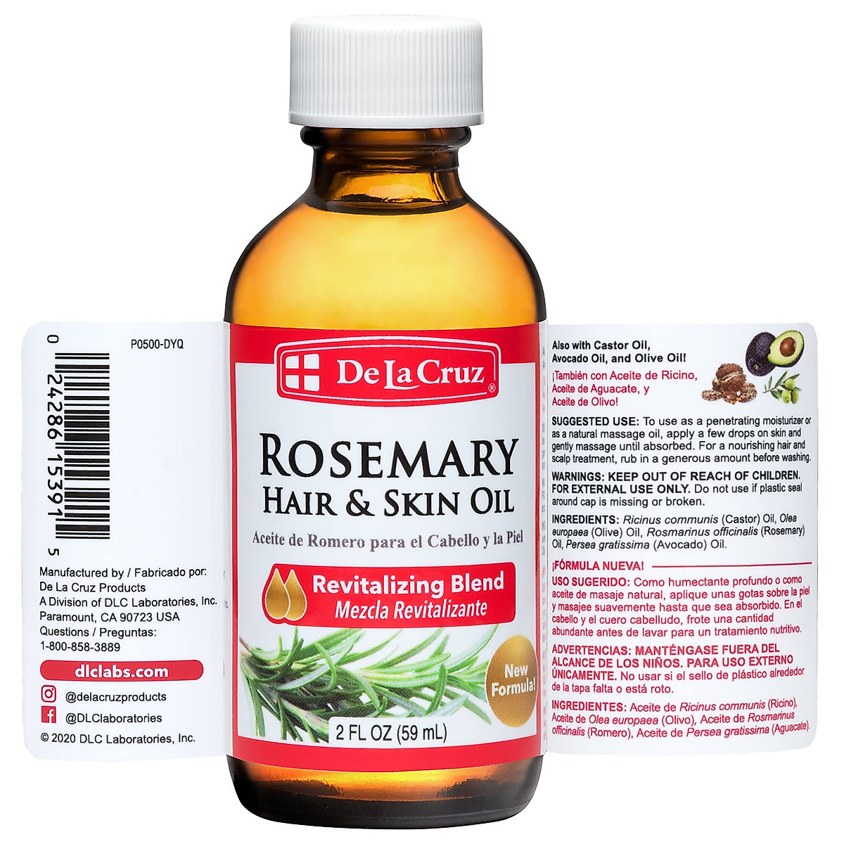 De La Cruz Rosemary Oil Blend Moisturizer with Castor, Avocado and Olive Oil - Topical Use Only 2 FL. OZ. (59 mL)